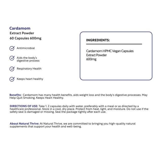 Cardamom Extract | Powder Capsules 600mg | Natural Thrive