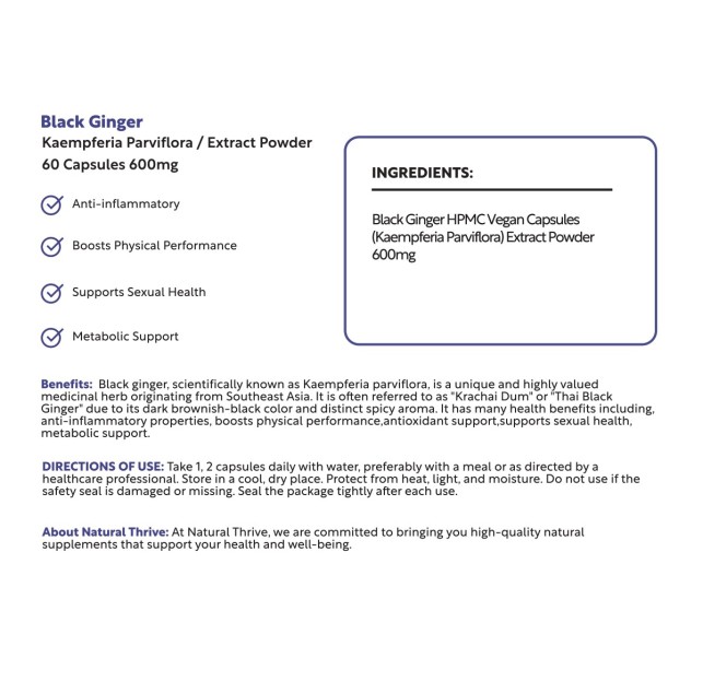 Organic Black Ginger (Kaempferia Parviflora) Extract Powder Capsules 600mg