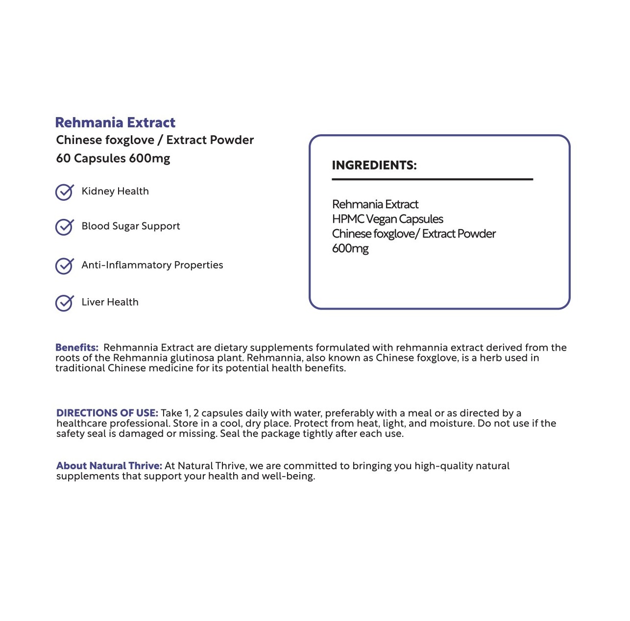 Rehmannia Root Extract Powder Capsules 600mg - Natural Thrive