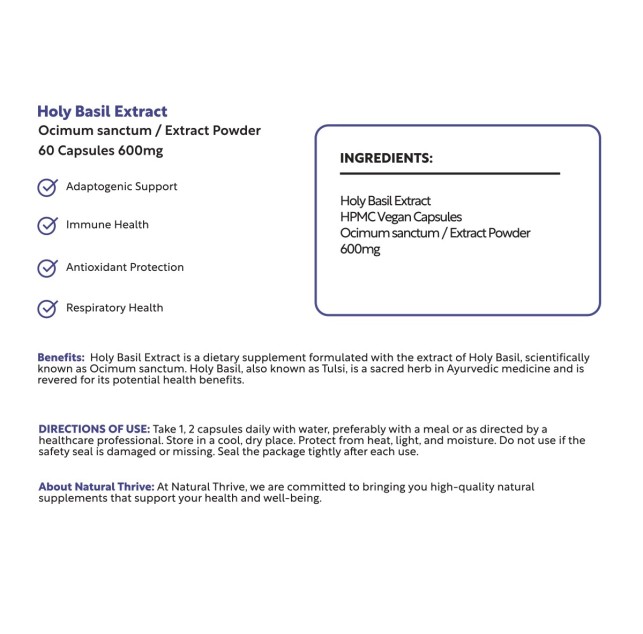 Organic Holy Basil (Ocimum Sanctum) Extract Powder Capsules 600mg