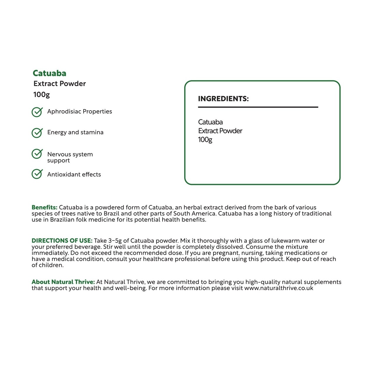 Premium Catuaba (Erythroxylum Catuaba) Extract Powder 100g