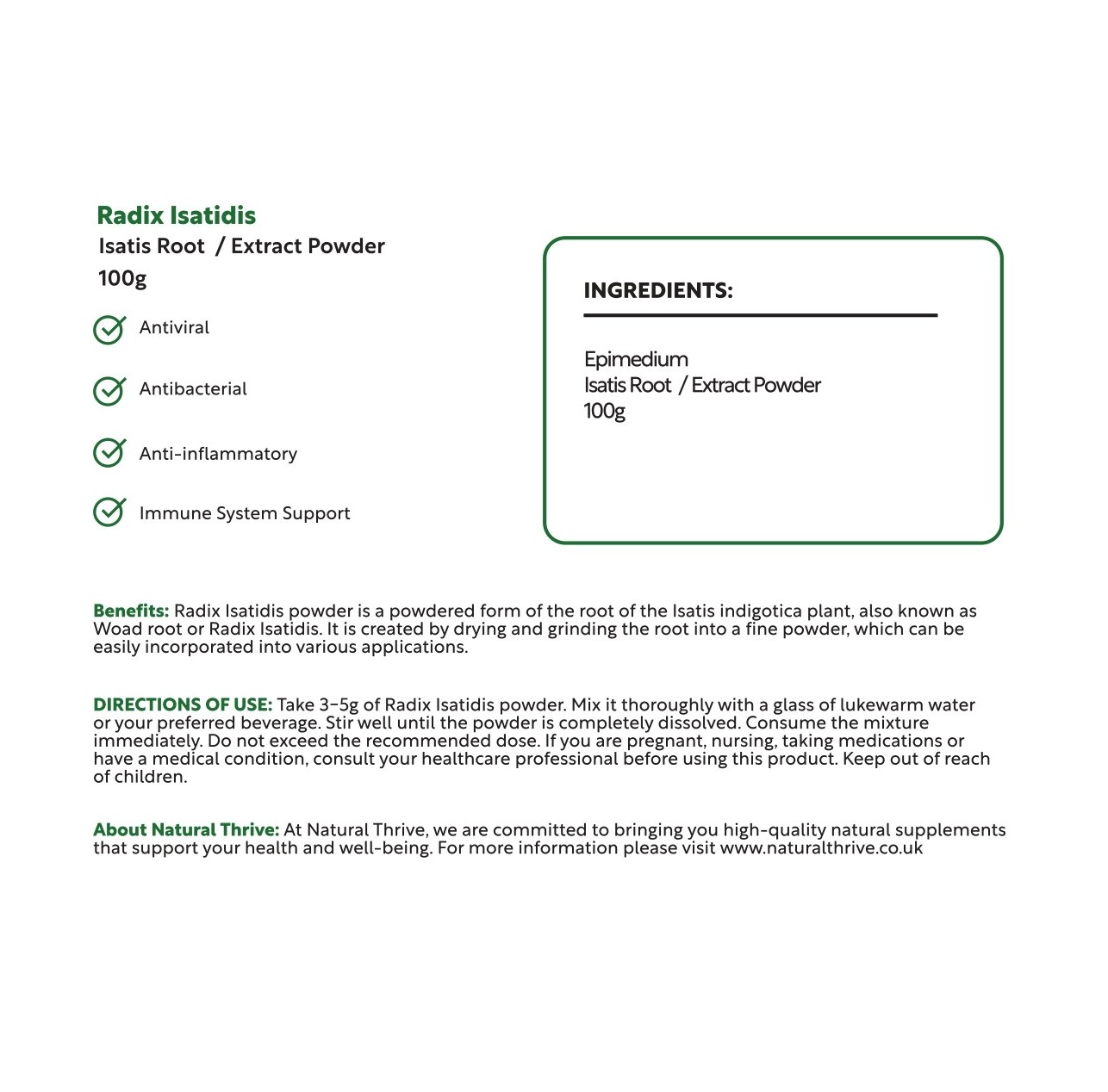 Radix Isatidis Extract Powder 100g | Natural Thrive