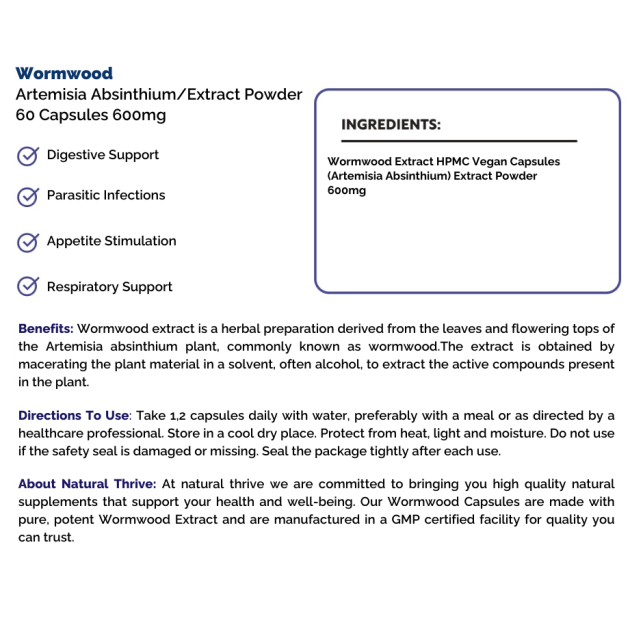 Organic Wormwood (Artemisia Absinthium) Extract Powder Capsules 600mg