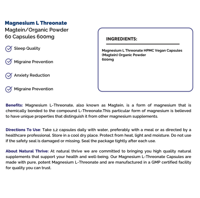 Organic Magnesium L Threonate (Magtein) Powder Capsules 600mg
