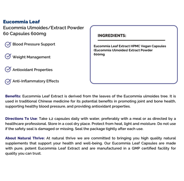Organic Eucommia Leaf (Eucommia Ulmoides) Extract Powder Capsules 600mg