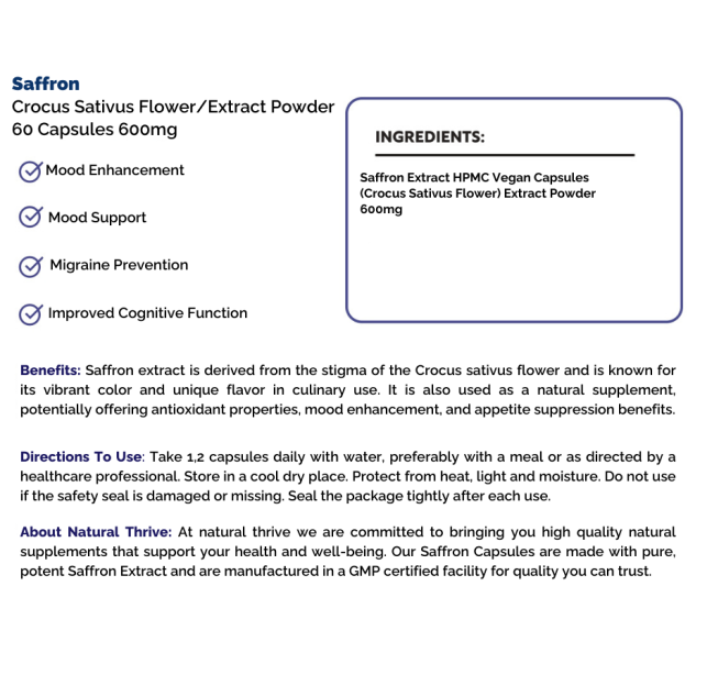 Organic Saffron (Crocus Sativus) Extract Powder Capsules 600mg
