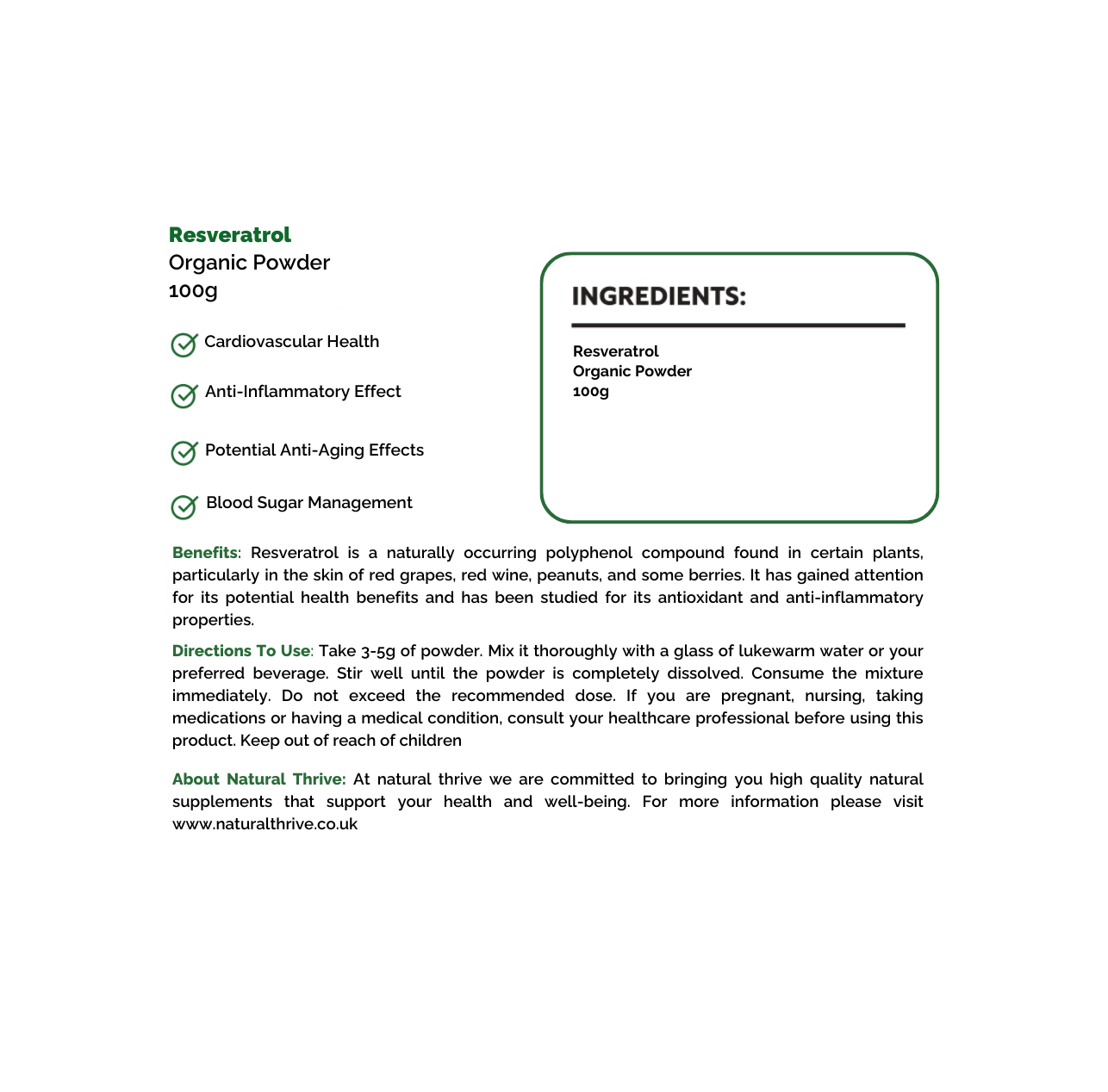 Natural pure & Premium Resveratrol 100g Powder